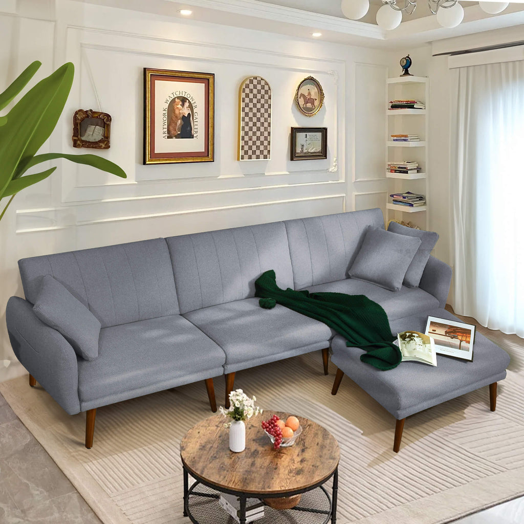 Convertible Sleeper Sectional Sofa Bed w/ Reclining Backrest, Grey ...