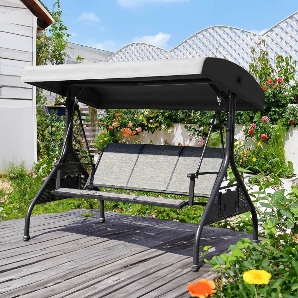 3-Seat Outdoor Porch Swings Adjustable Canopy Swing with Cup Holders ...