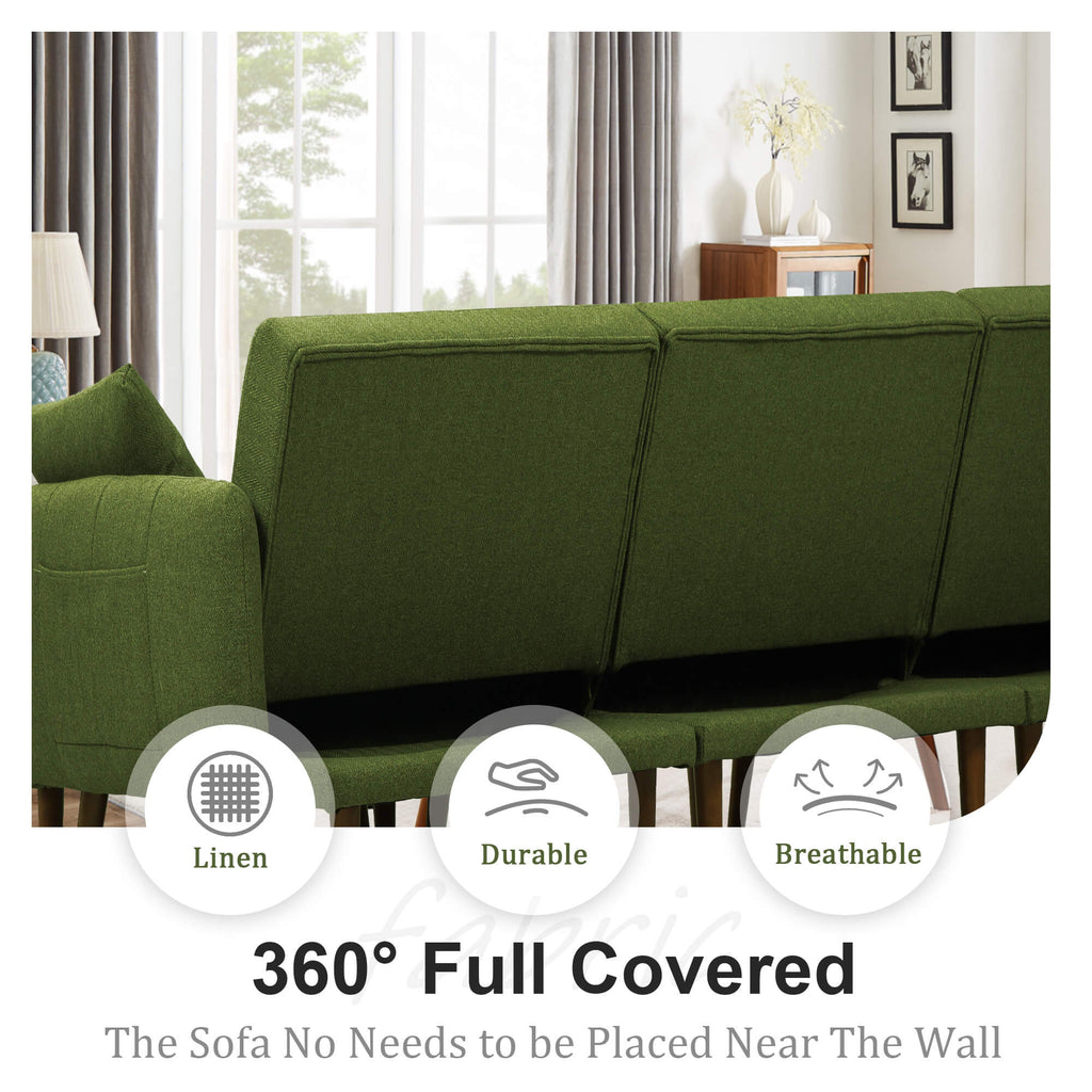 Linen Convertible Sleeper Futon Couch w/ Reclining Backrest & Ottoman ...