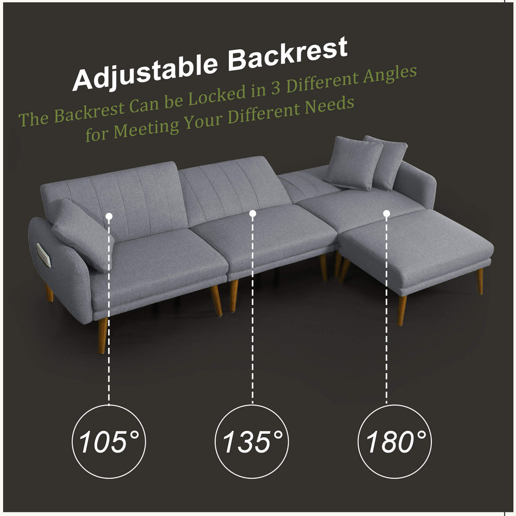 Convertible Sleeper Sectional Sofa Bed w/ Reclining Backrest, Grey ...