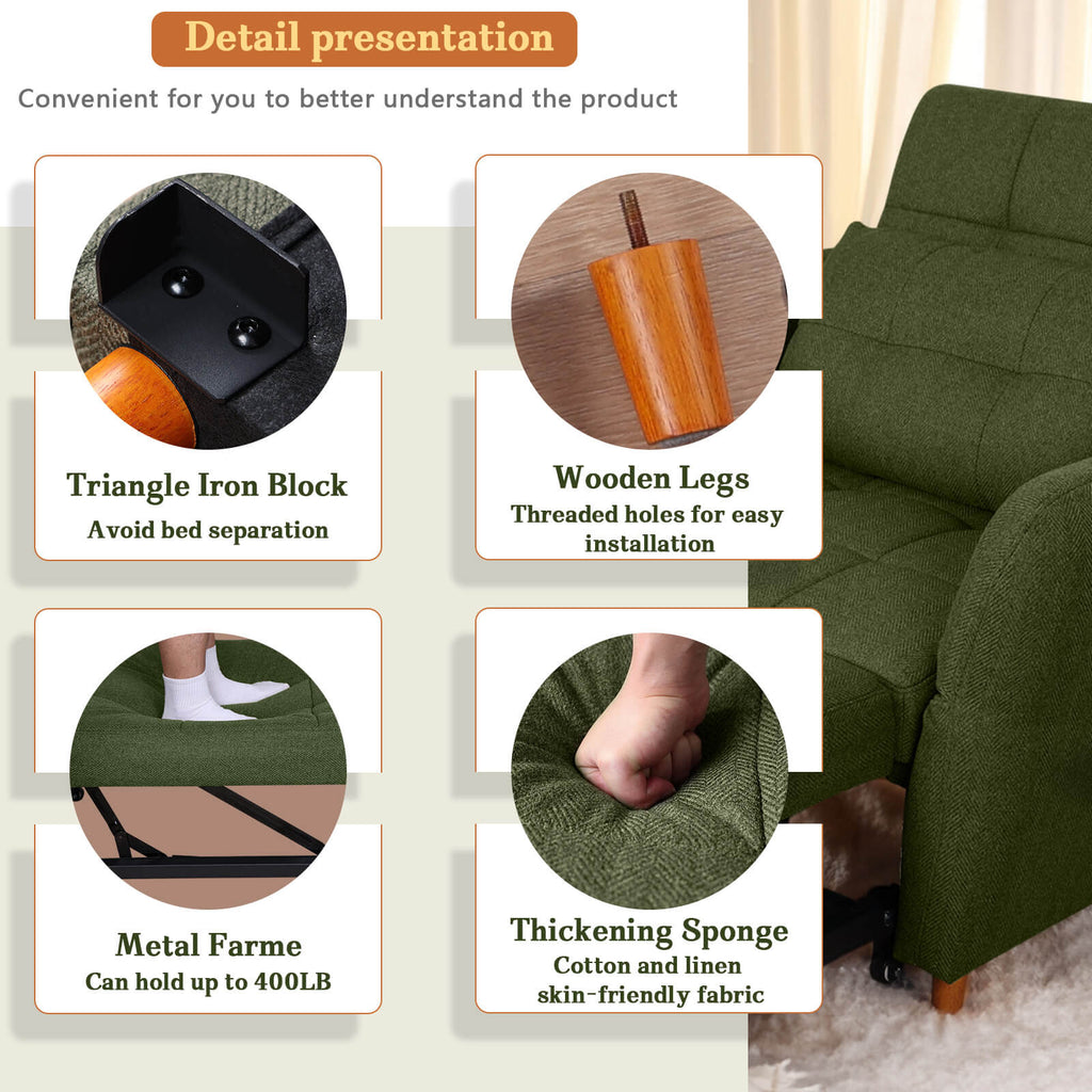 Sleeper Sofa Chair w/ Adjustable Armrest,Backrest & Wood Legs, Moss ...