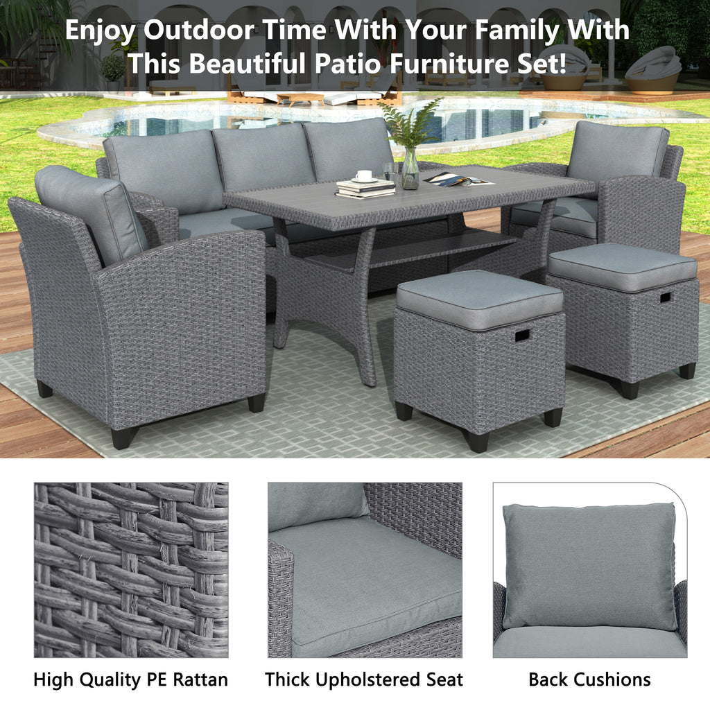 6-Piece Outdoor Sectional Dining Set with Chair, Stools and Table, Gra ...