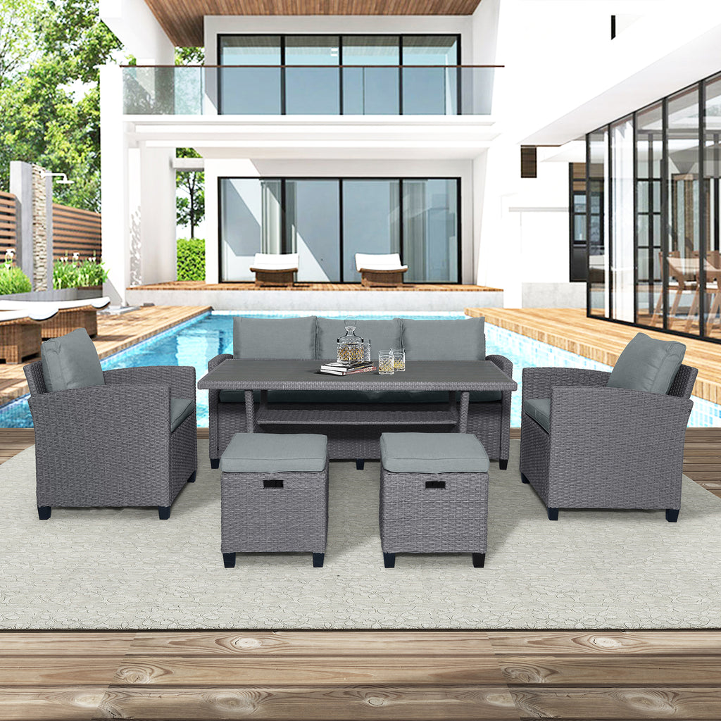 6-Piece Outdoor Sectional Dining Set with Chair, Stools and Table, Gra ...